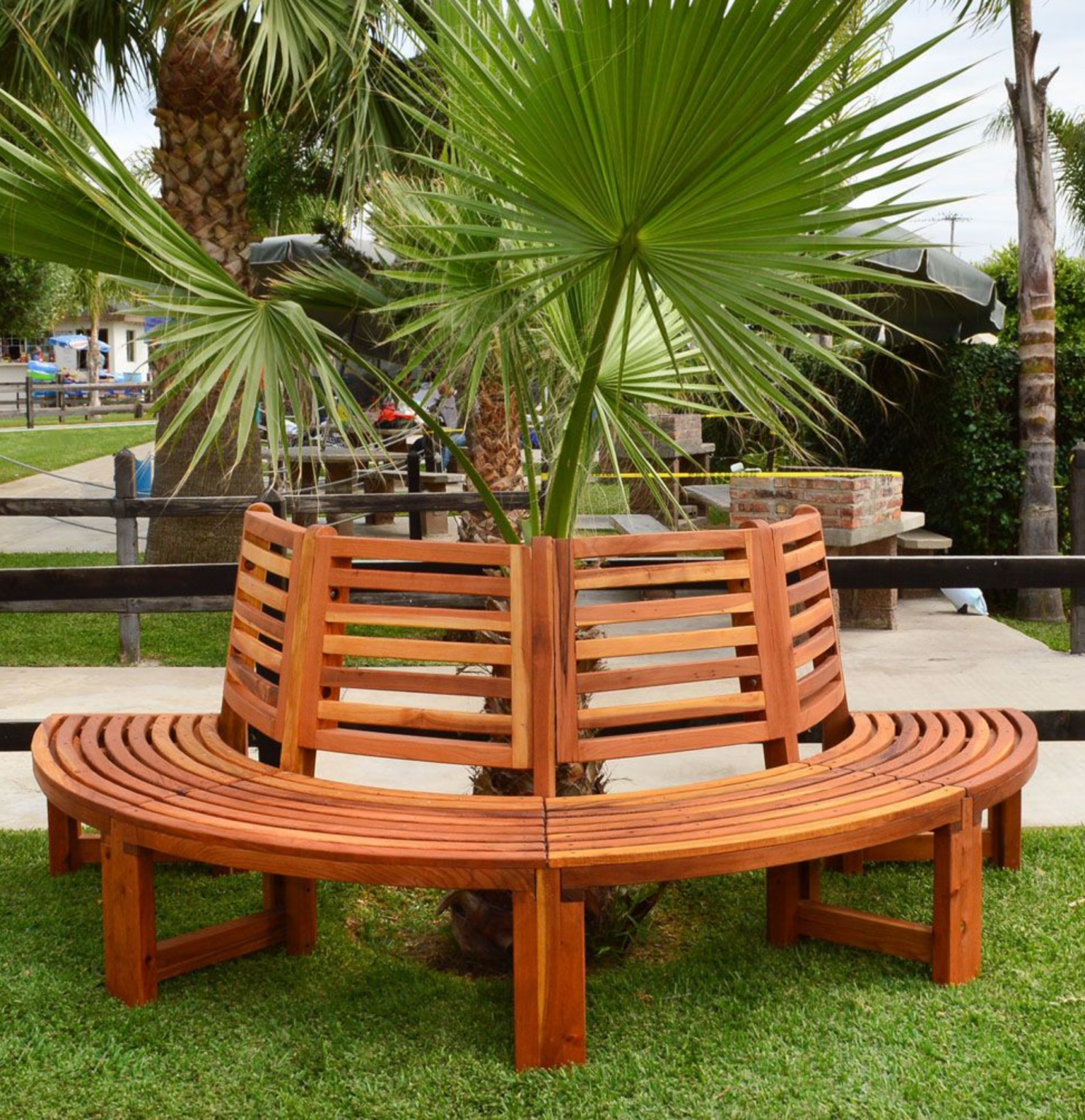 Round Wooden with Backrest-Solid Wood Outdoor Garden Seating